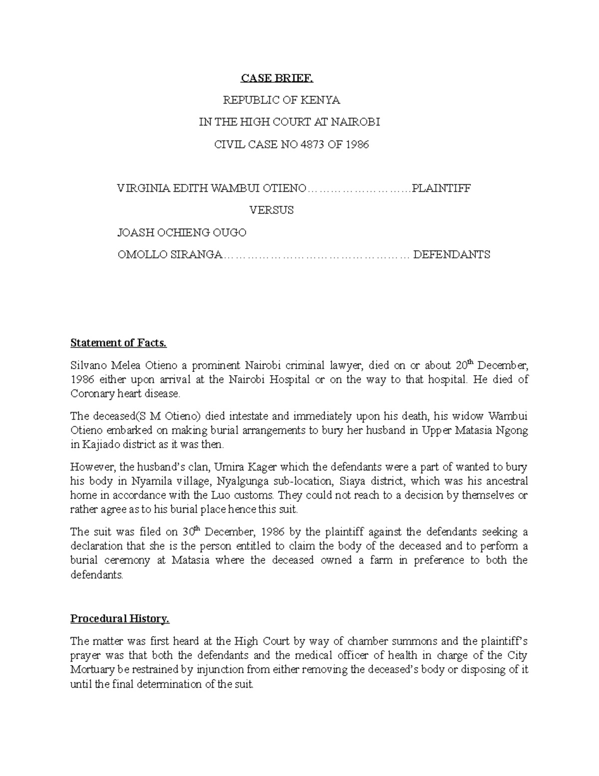 Case Brief: Wambui Otieno v. Joash Ochieng Ougo - Burial Rights Dispute ...