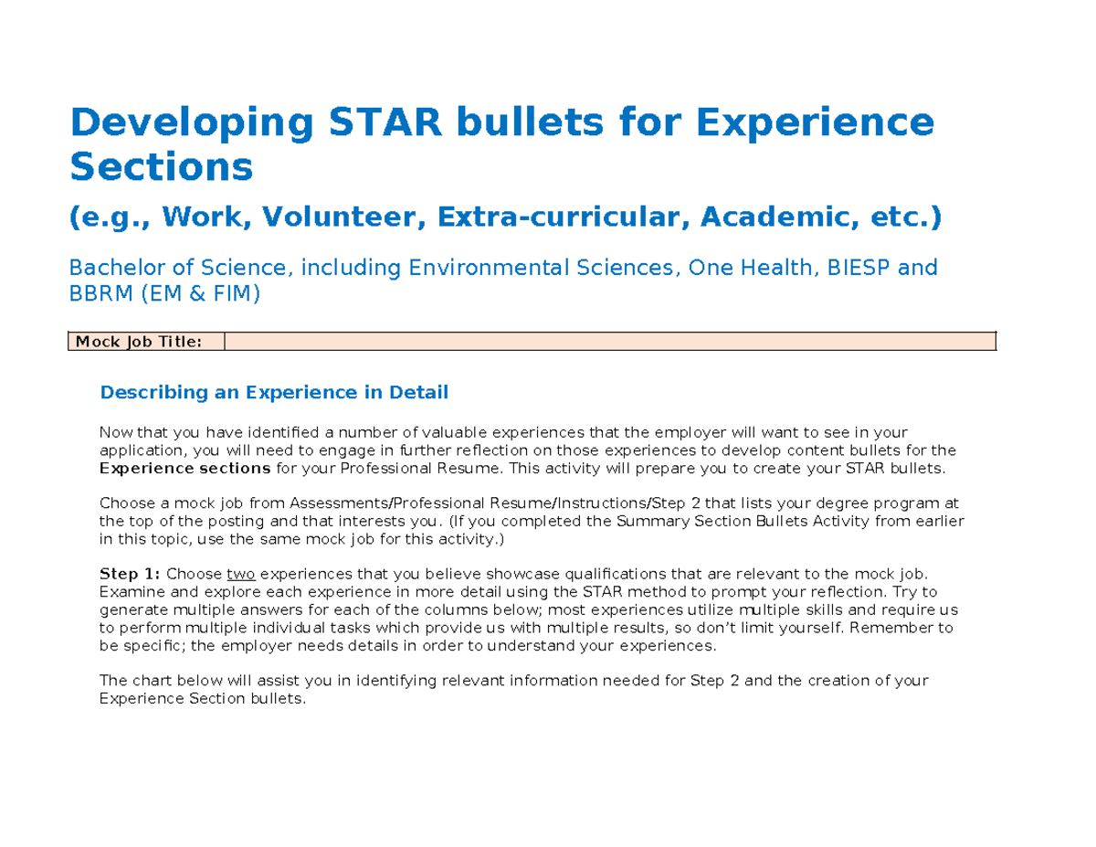 08 Developing STAR Bullets for Experience Sections - Sciences - Studocu