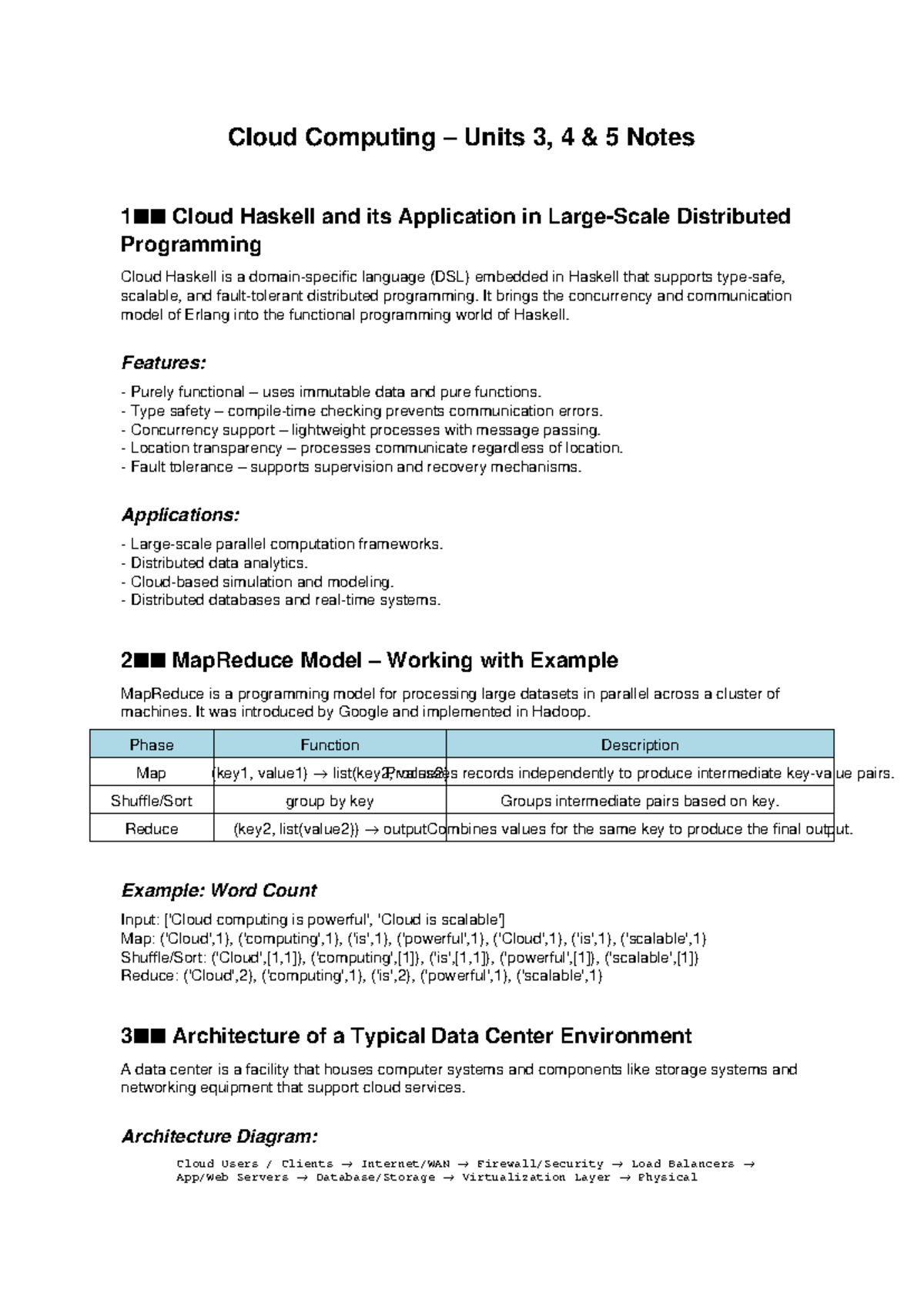 Cloud Computing Notes: Units 3, 4, 5 on Cloud Haskell & Applications ...