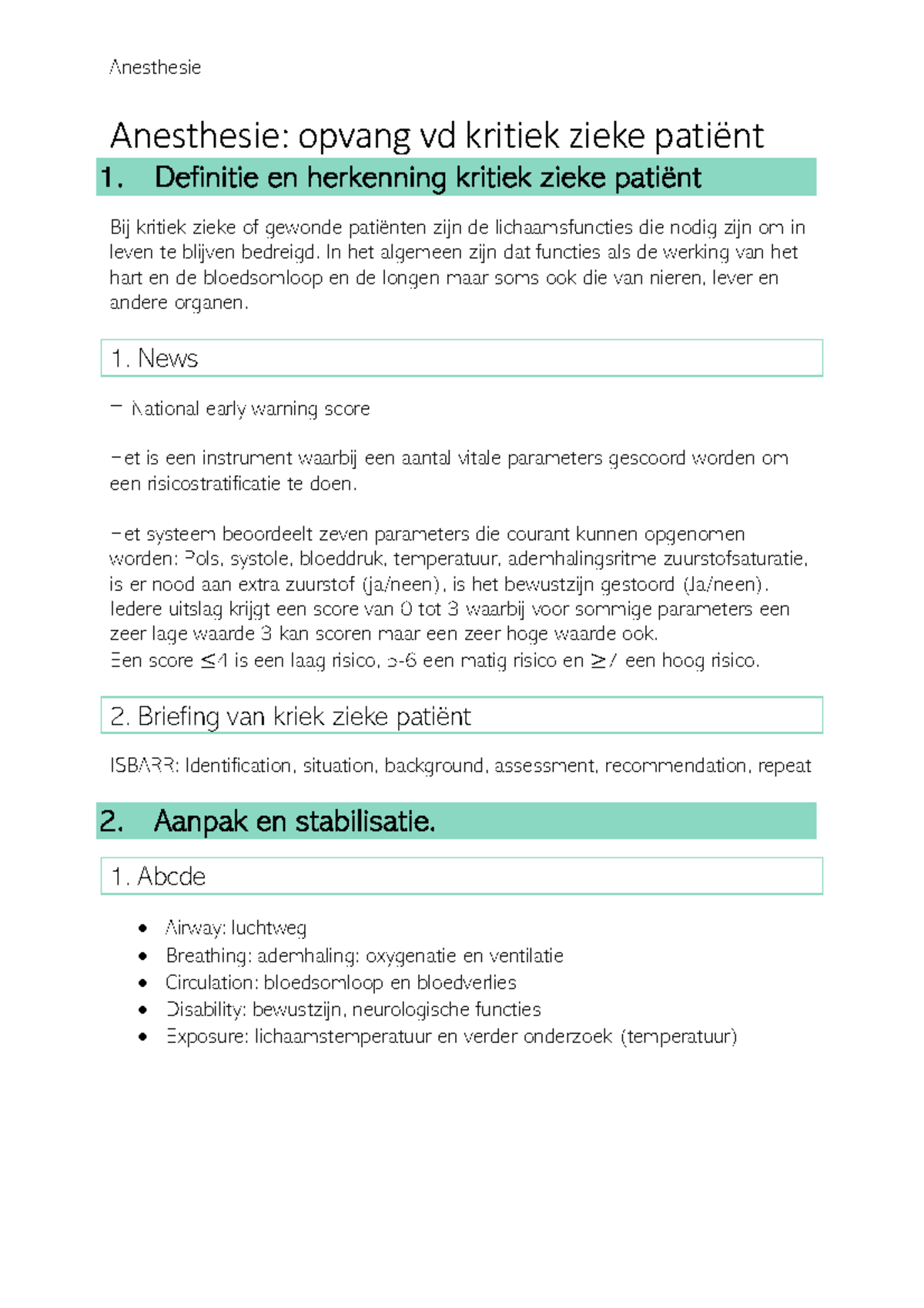 Anesthesie SV - Samenvatting van Kritiek Zieke Patiënt in Medische ...