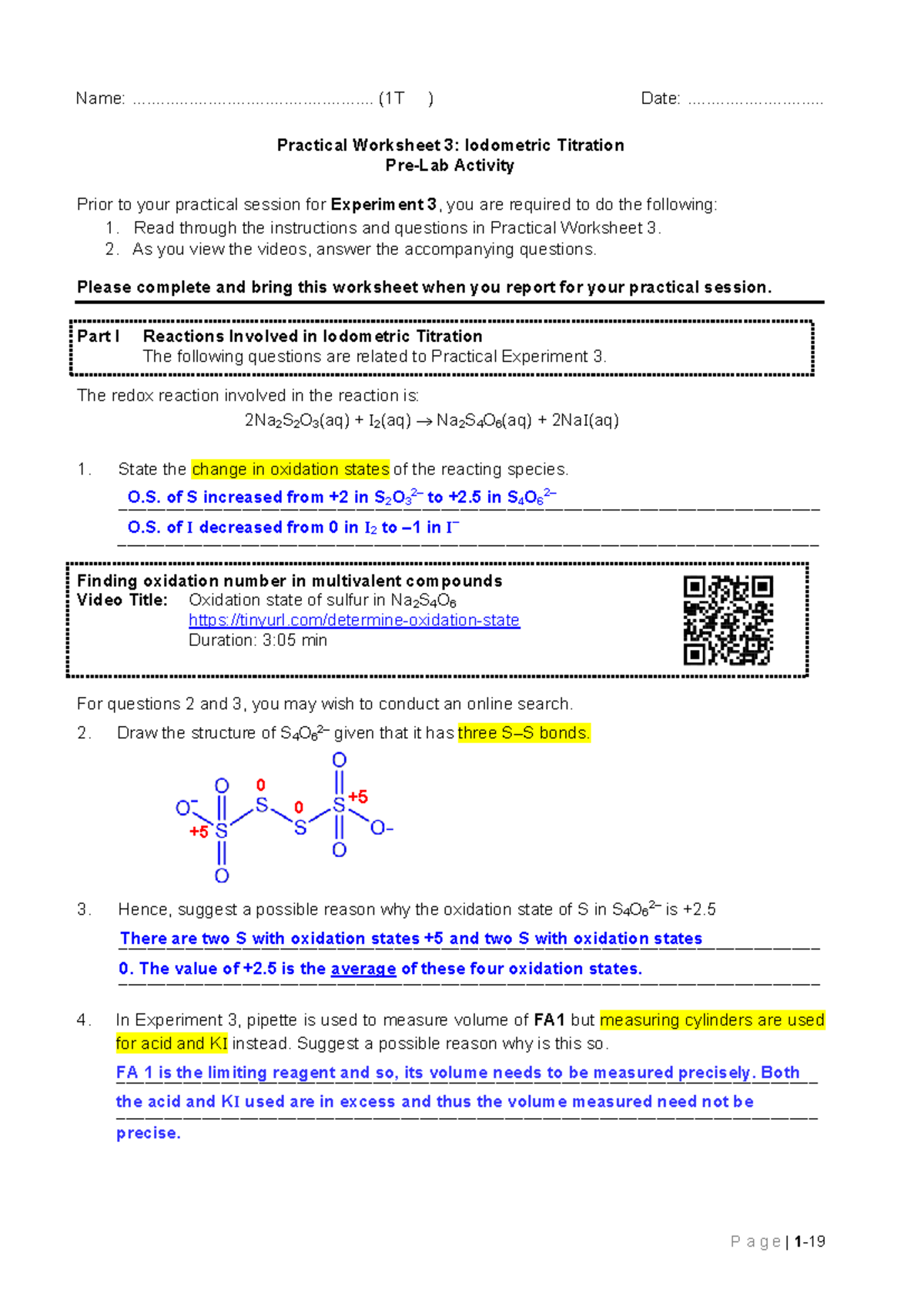 Practical Worksheet 3: Iodometric Titration Activity (H2 Chemistry 9729 ...