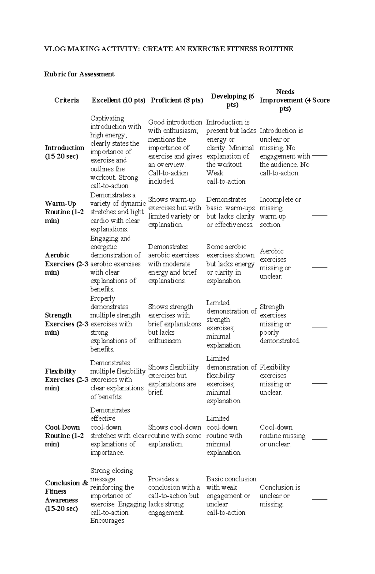 Major-PT-Rubric - RUBRIKS - VLOG MAKING ACTIVITY: CREATE AN EXERCISE ...