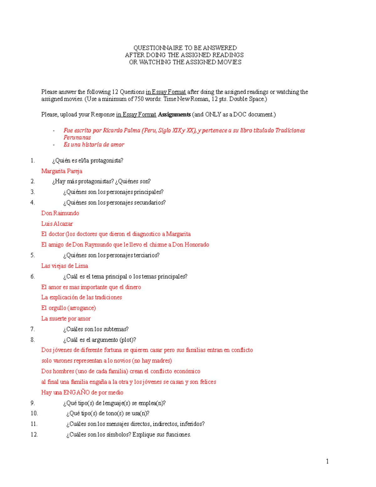 La camisa de Margarita - Ricardo Palma - QUESTIONNAIRE TO BE ANSWERED ...