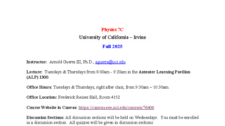 Syllabus for Physics 7C (Fall 2025) - Instructor Guerra - Studocu