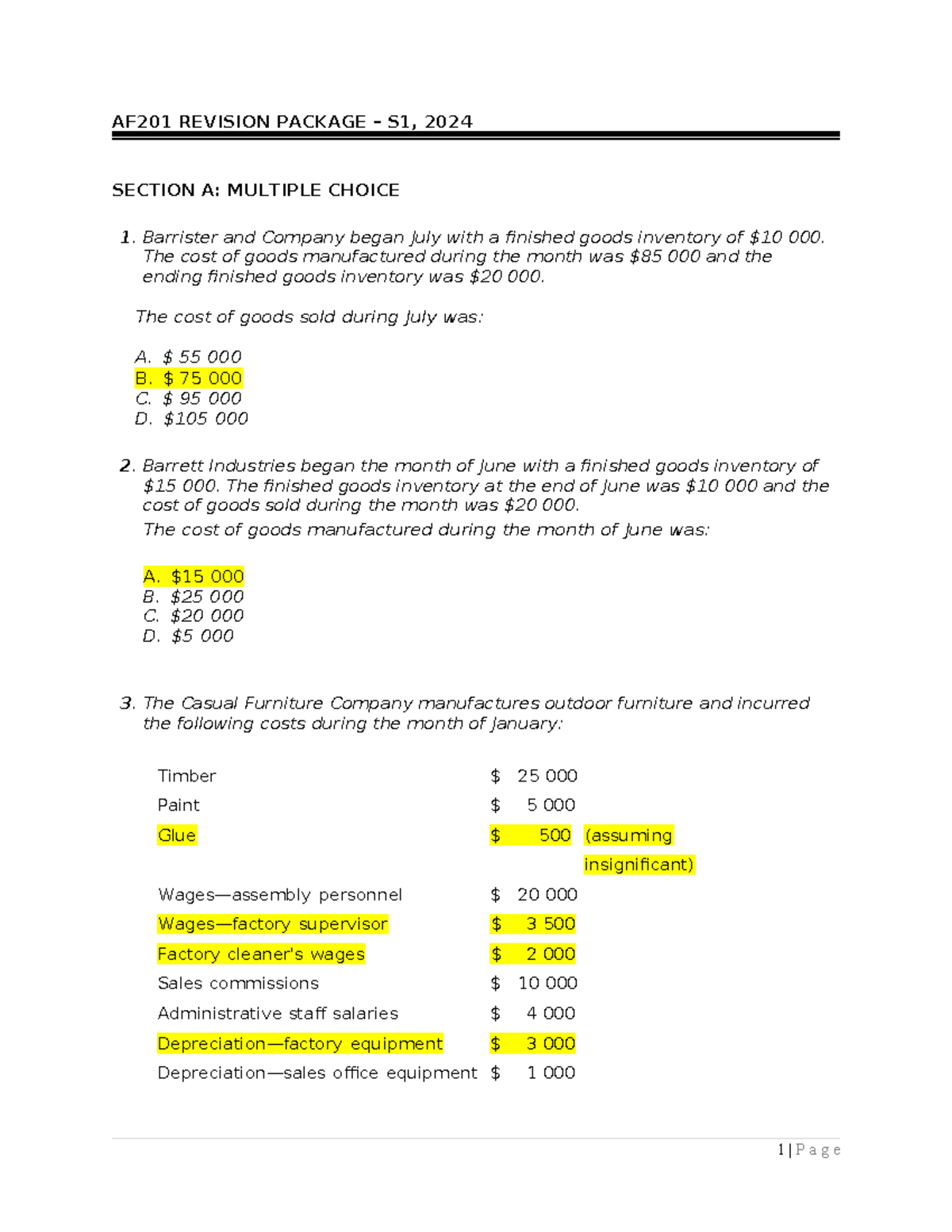 Revision package AF201 S1, 2024: Multiple choice questions and answers ...