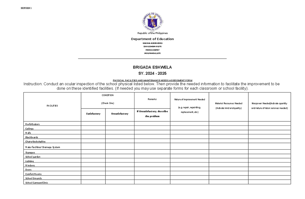 Brigada Eskwela Form 1: School Facility Maintenance Assessment 2024 ...