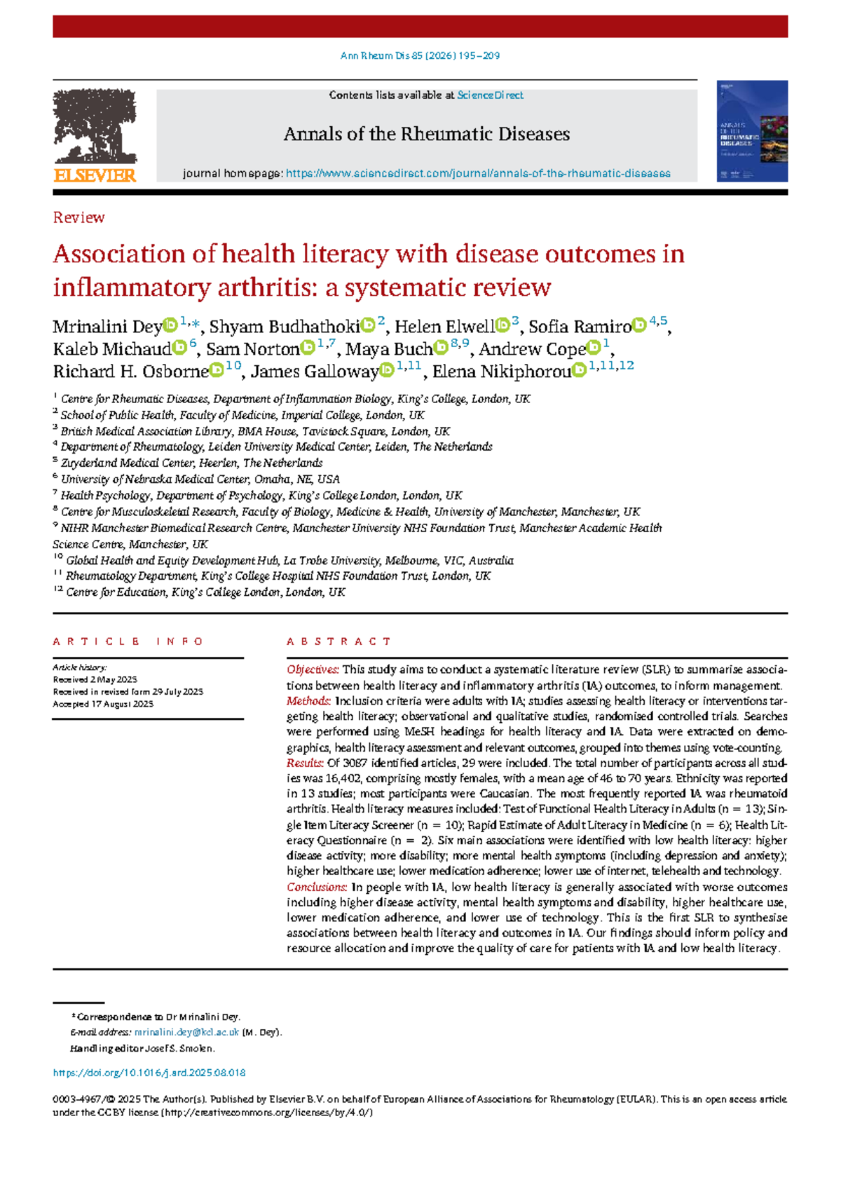 Health Literacy and Disease Outcomes in Inflammatory Arthritis: A ...