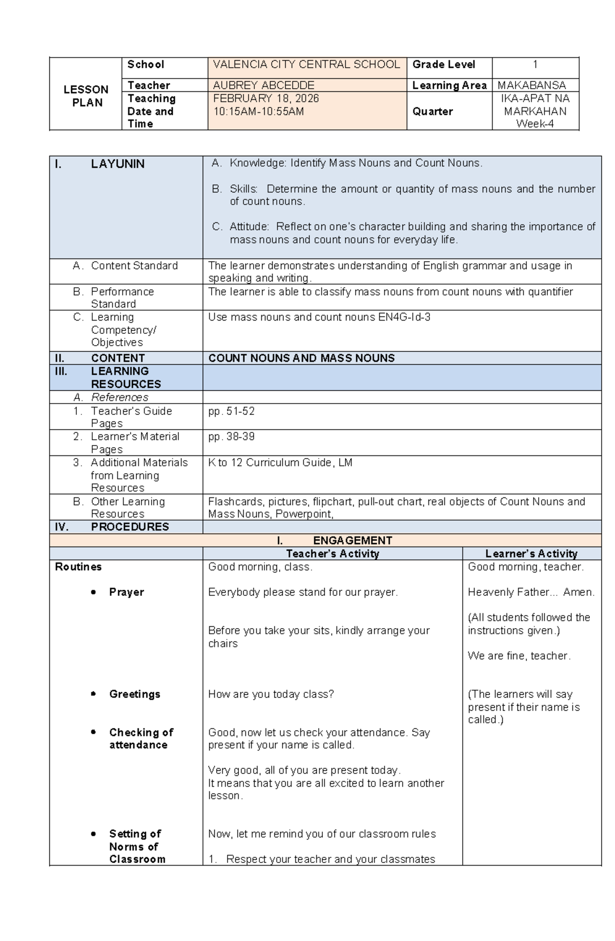 Lesson Plan I: Count Nouns and Mass Nouns for Grade 1 (VALENCIA CITY CENTRAL - Studocu