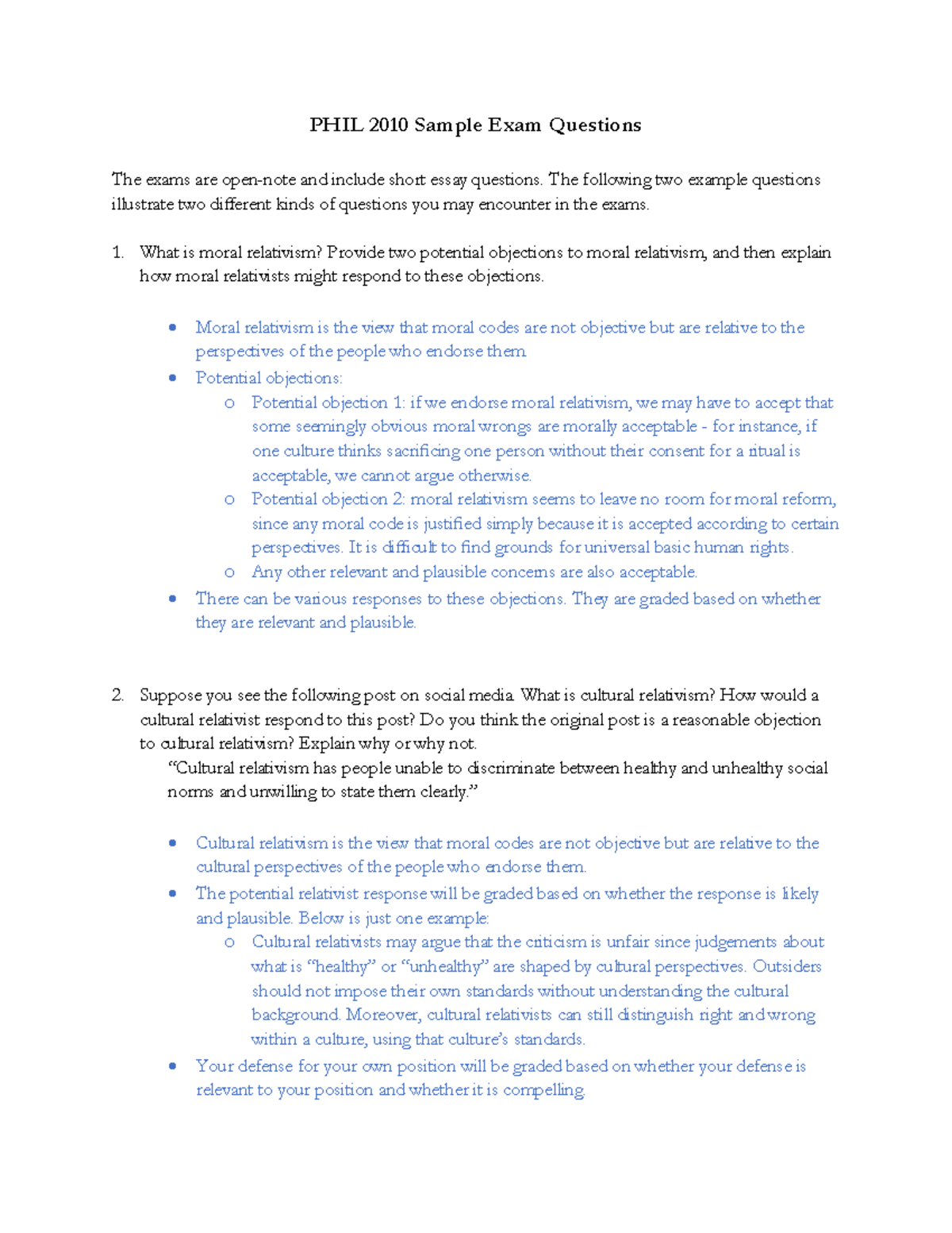 PHIL 2010 Sample Exam Questions: Moral & Cultural Relativism - Studocu