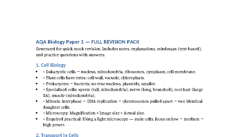 AQA Biology Paper 1 Revision Pack: Key Concepts & Practice - Studocu
