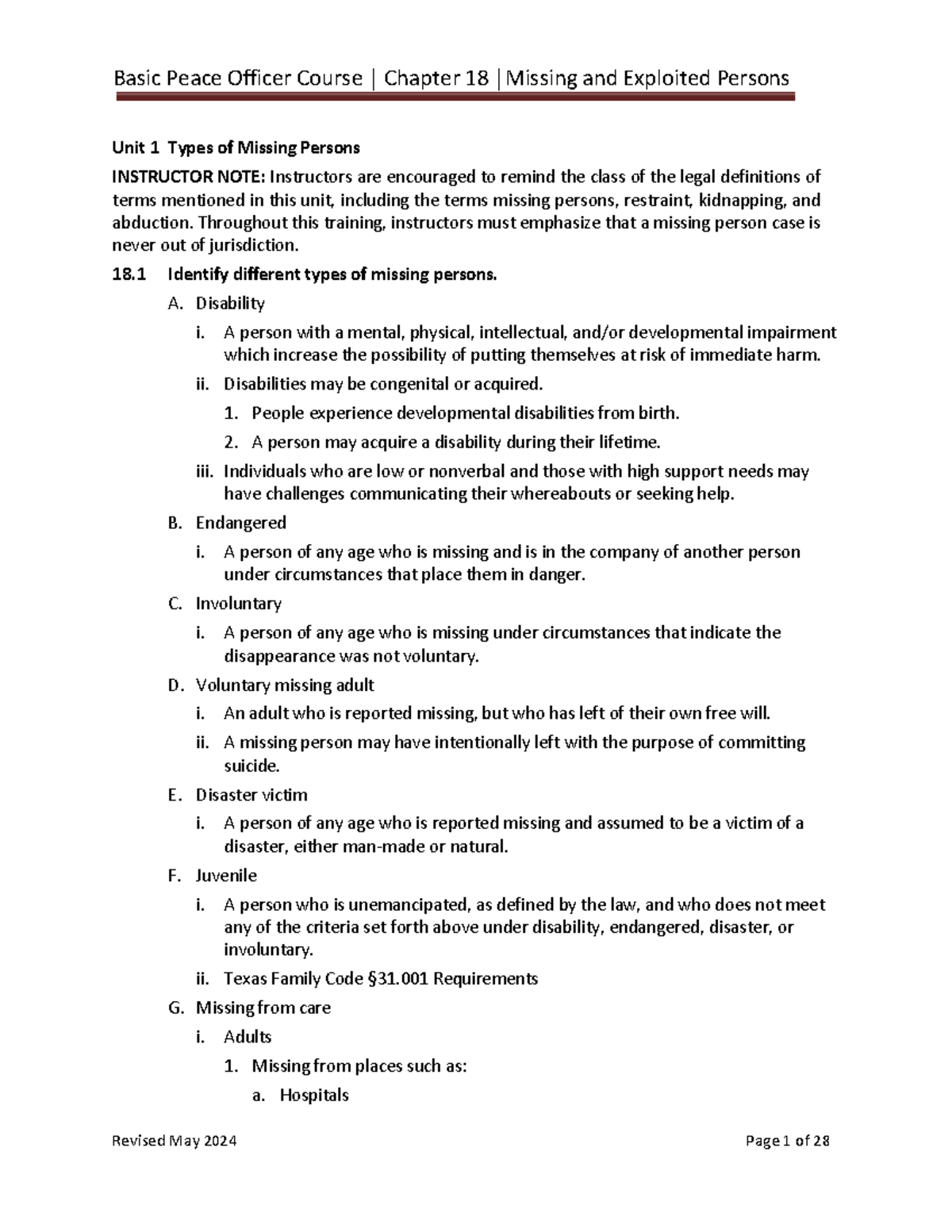 Basic Peace Officer Course: Chapter 18 - Types of Missing & Exploited Persons - Studocu