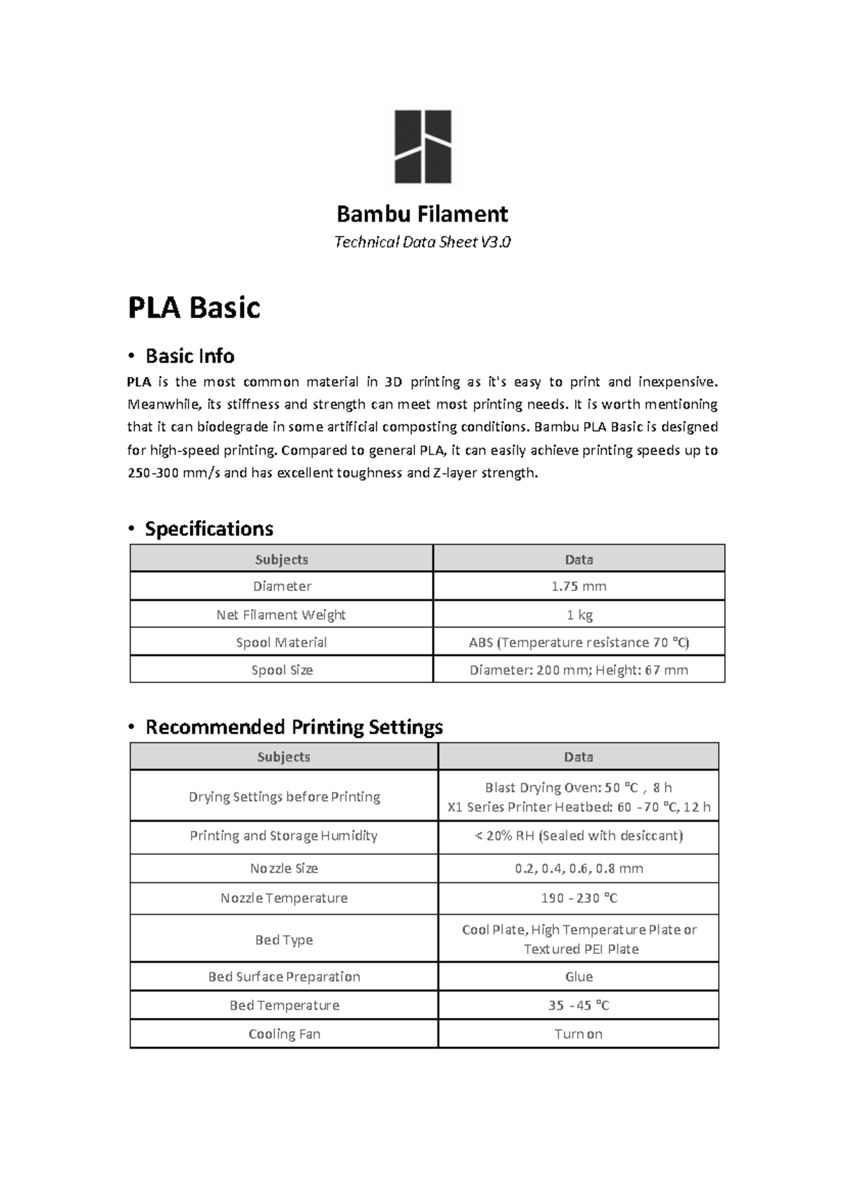 Bambu PLA Basic Filament Technical Data Sheet V3.0 - Studocu