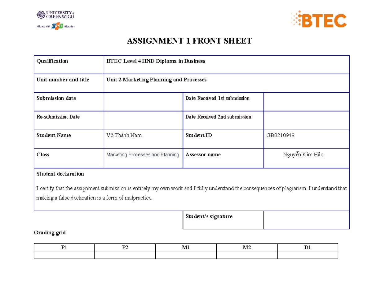 Assignment 1 Võ Thành Nam GBS2019 49 - ASSIGNMENT 1 FRONT SHEET Qualification BTEC Level 4 HND ...