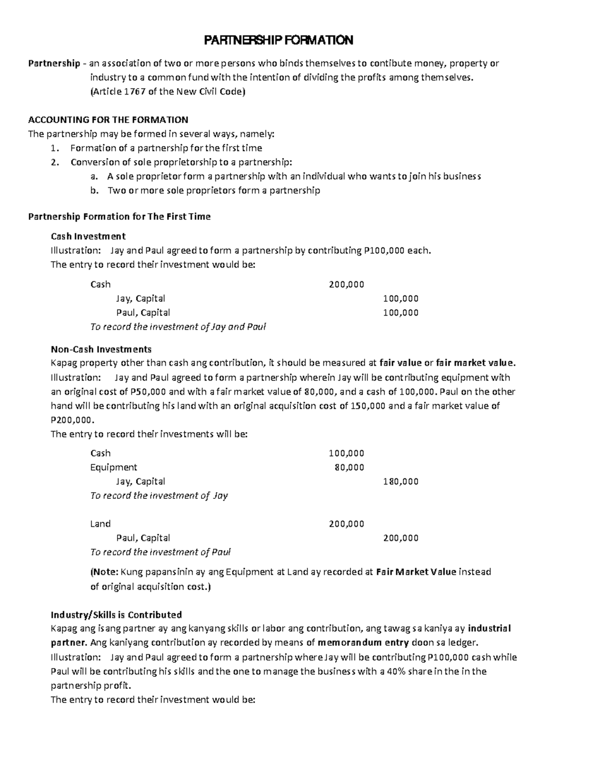 Partnership Formation: Illustrative Examples and Accounting Methods ...