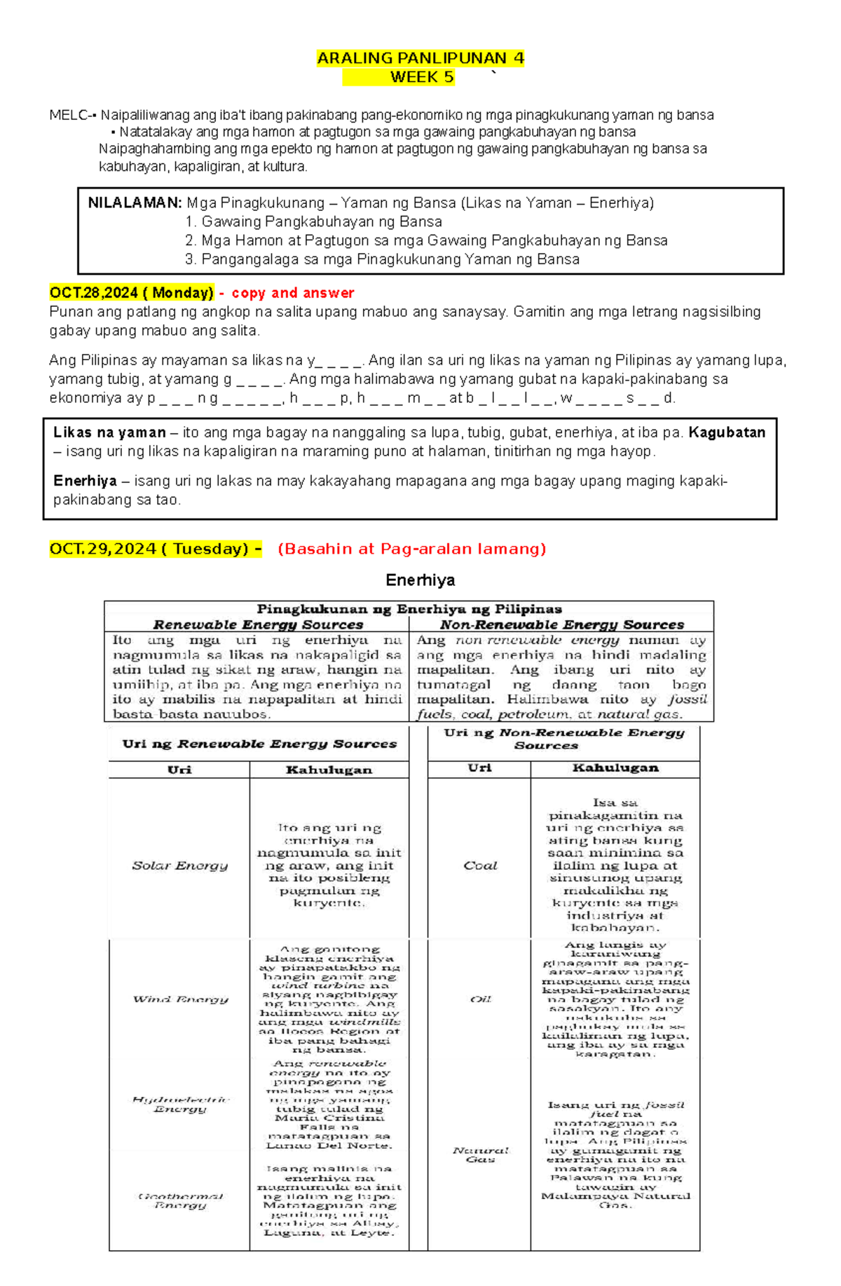 AP4-WHLP-AS - Week 5 Activity Sheets on Economic Resources and Energies ...