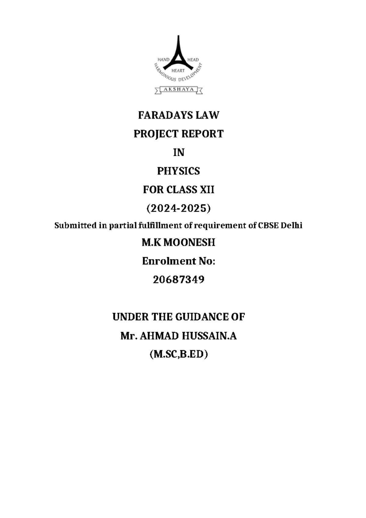 Physics Project Report: Faraday's Law - Class XII (2024-2025) - Studocu