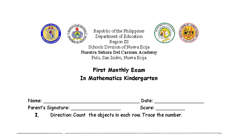 Kindergarten 2 - First Monthly Exam Reviewer (Math, MAPEH, Language ...