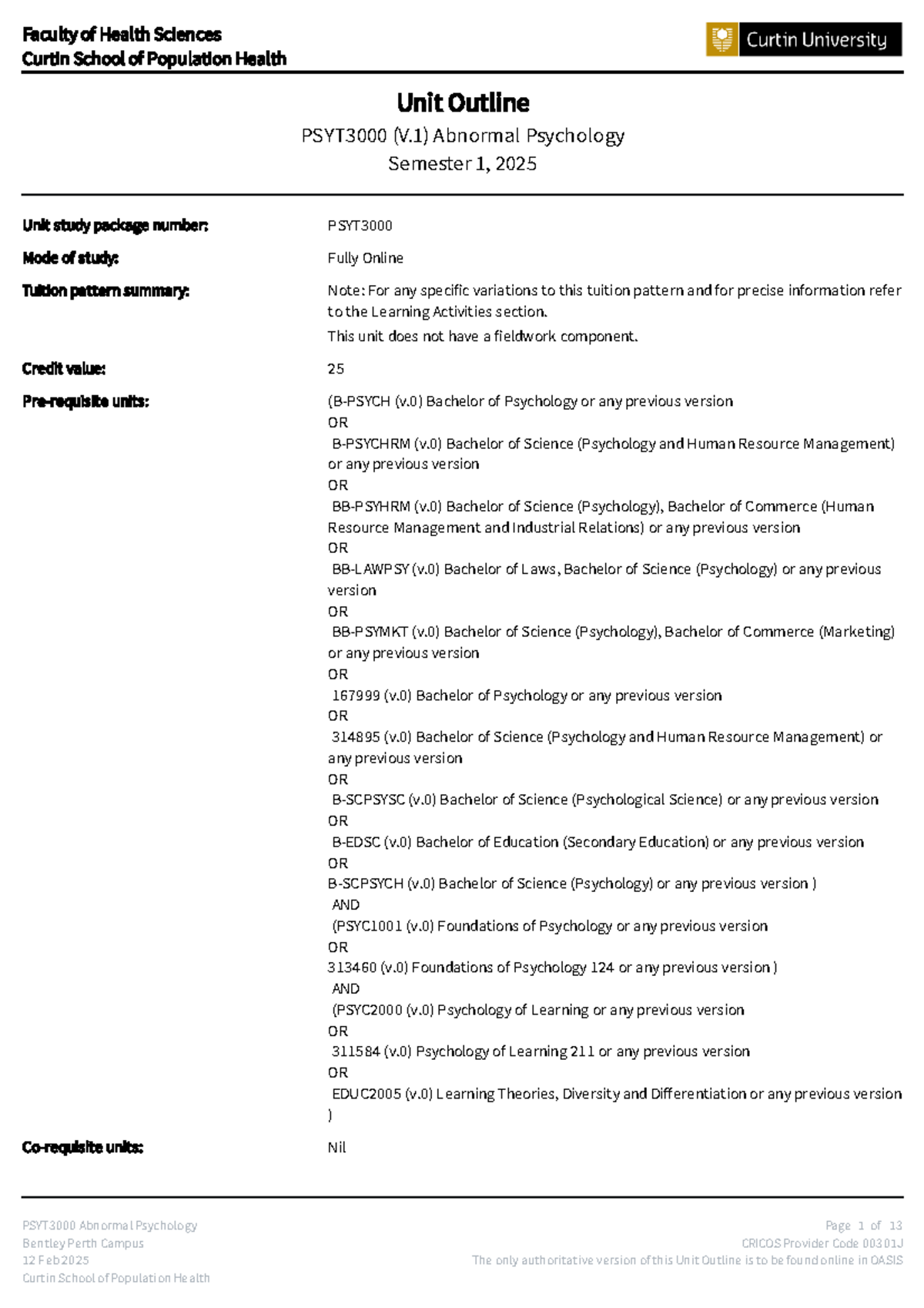 PSYT3000 Abnormal Psychology Unit Outline - Semester 1, 2025 - Studocu