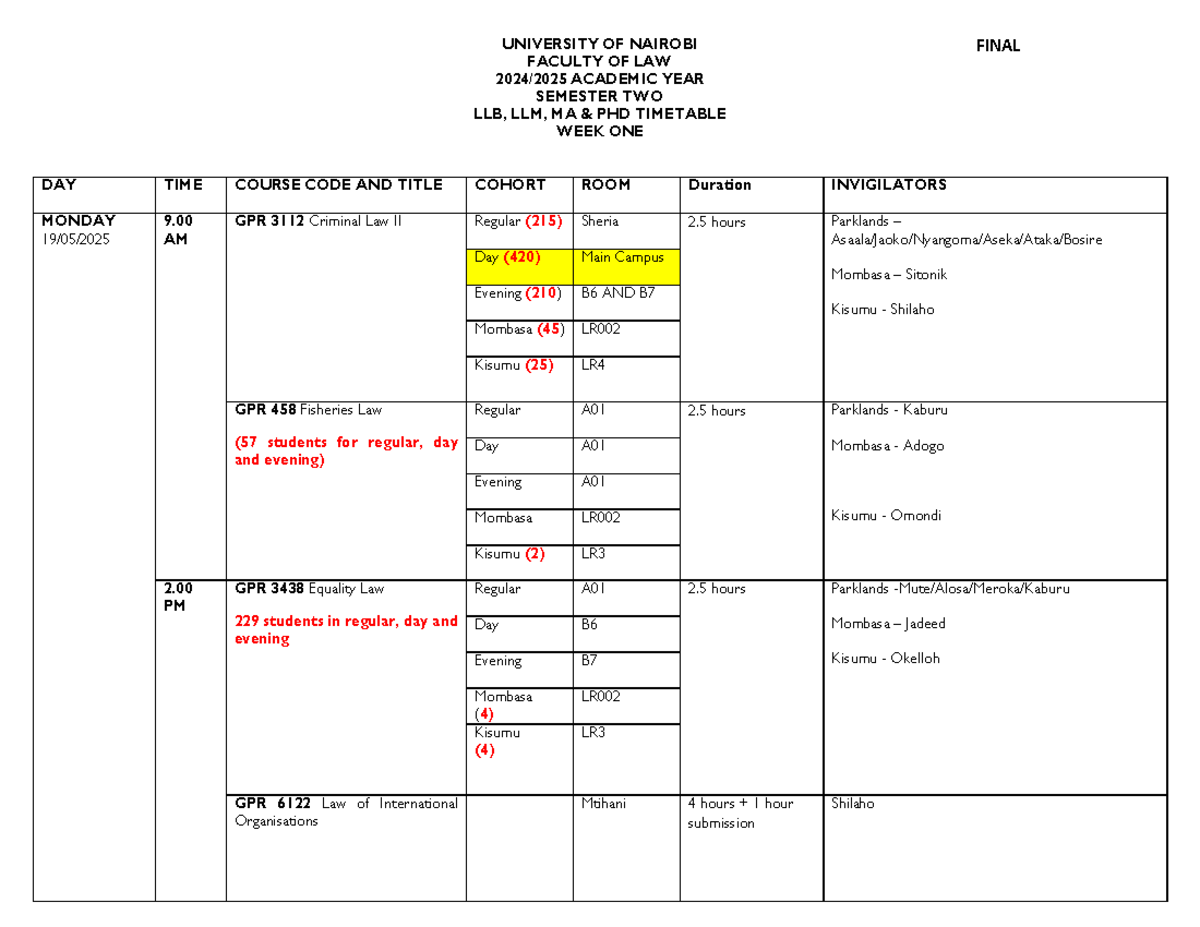 UNIVERSITY OF NAIROBI LLB, LLM, MA, PHD EXAM TIMETABLE SEMESTER TWO ...