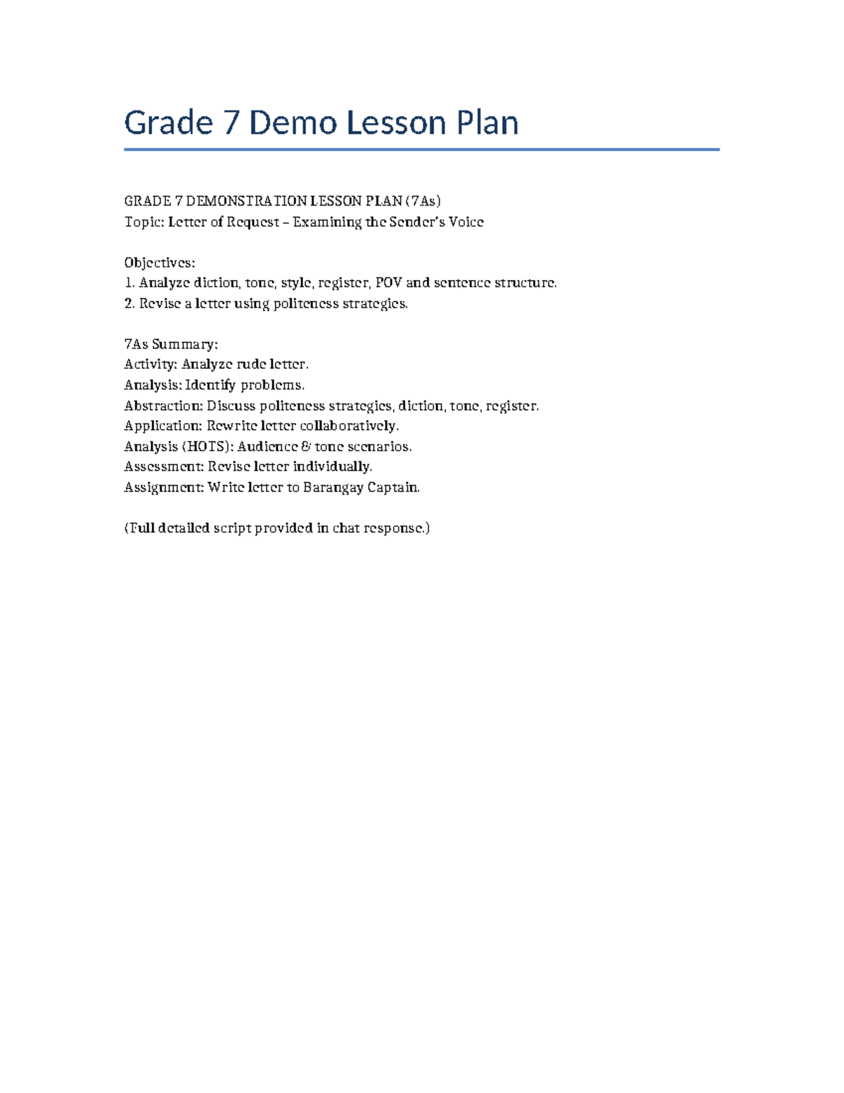 Lesson Plan - Grade 7 Demo Lesson Plan GRADE 7 DEMONSTRATION LESSON ...