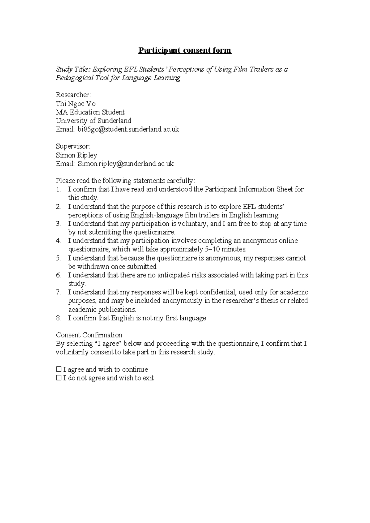 Participant Consent Form: EFL Film Trailers Study - Studocu