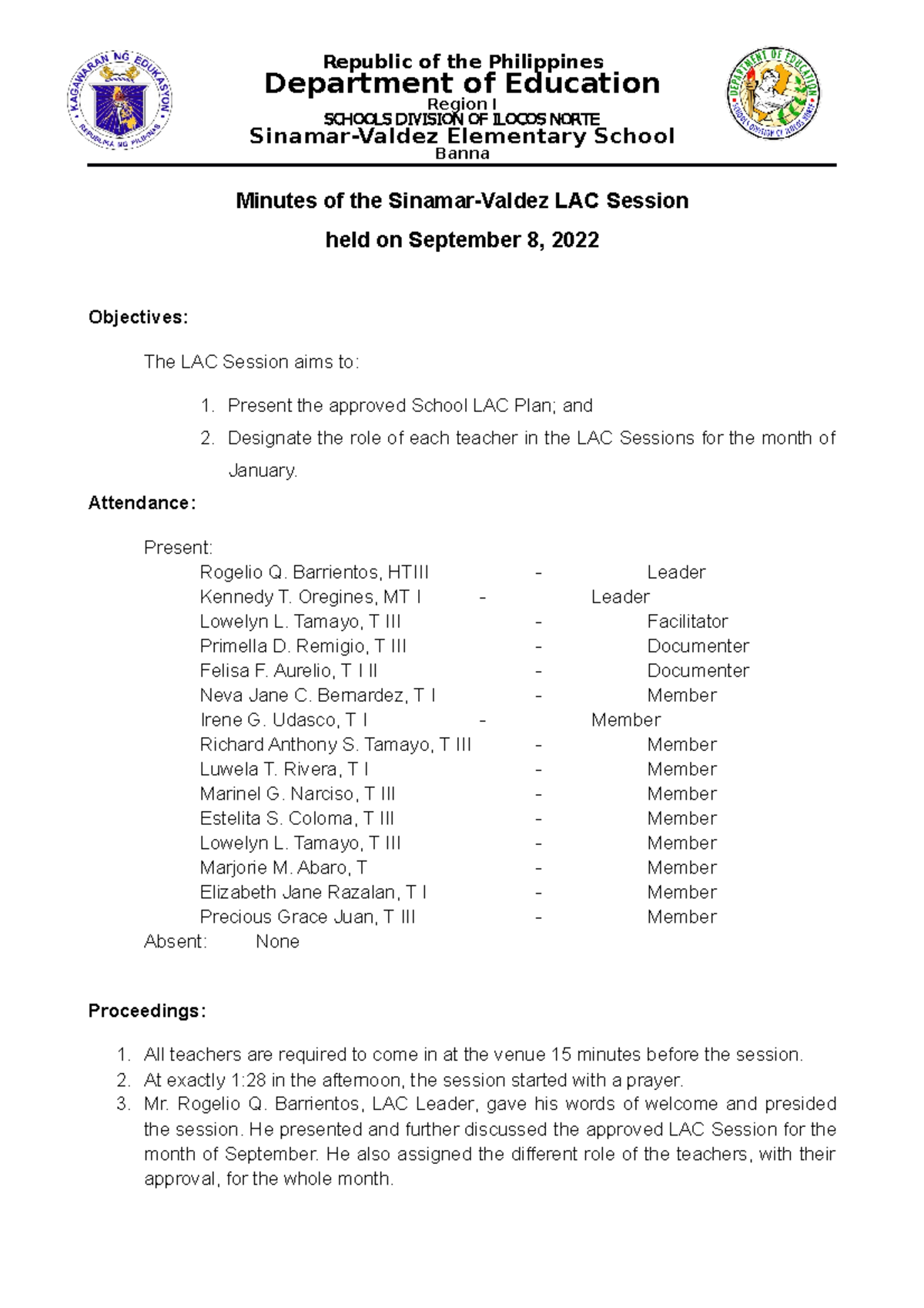 SLAC Minutes on LAC Sessions and Action Plans (Sept 2022) - Studocu