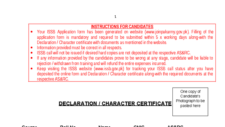 ISSB Application Instructions & Declaration Character Certificate - Studocu