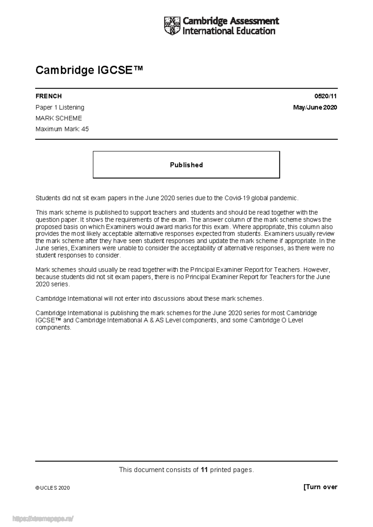 Cambridge IGCSE FRENCH Paper 1 Listening 2020 Mark Scheme - Studocu