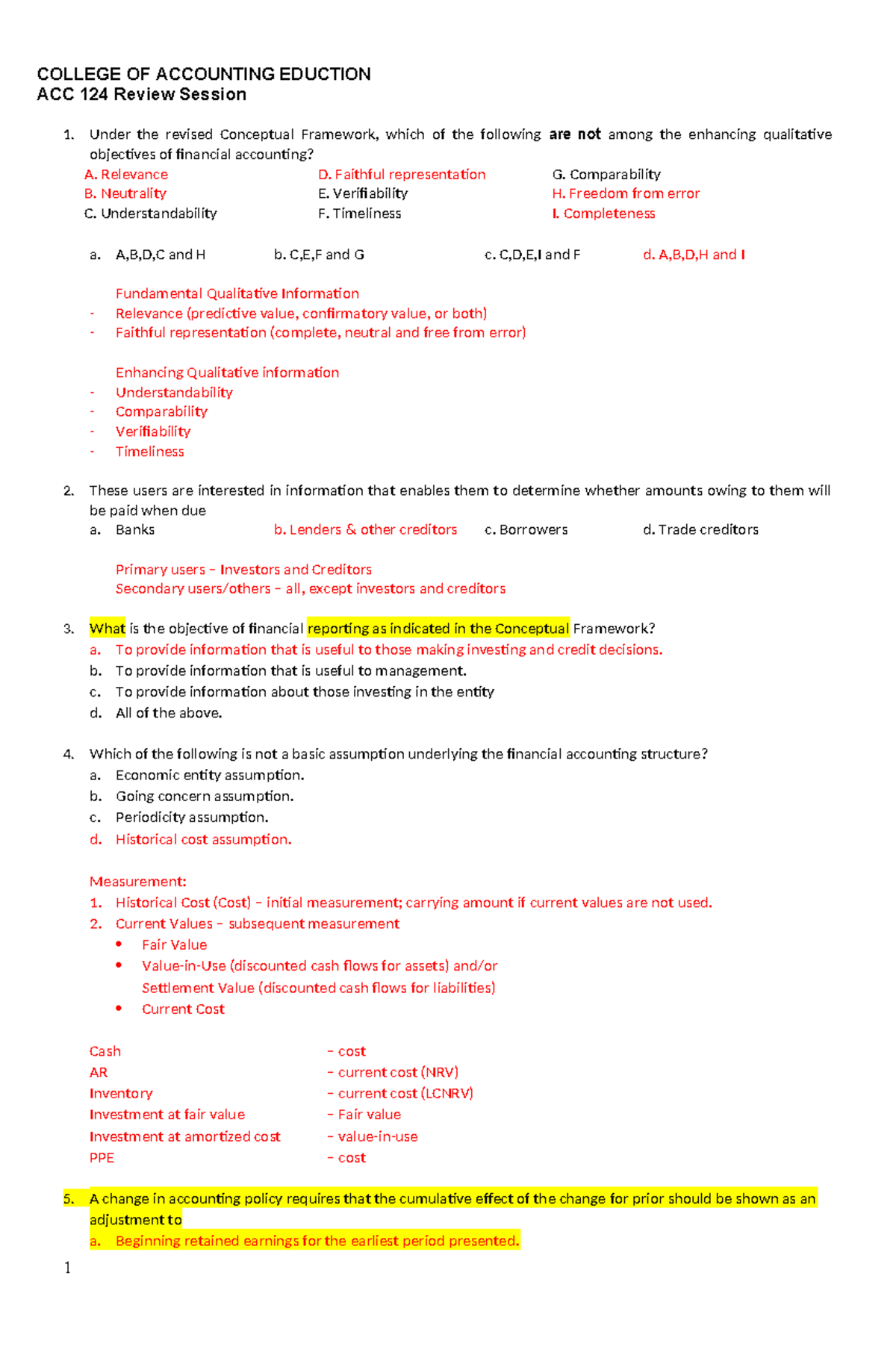 Final Exam Review Material for ACC 124: Conceptual Framework Insights ...
