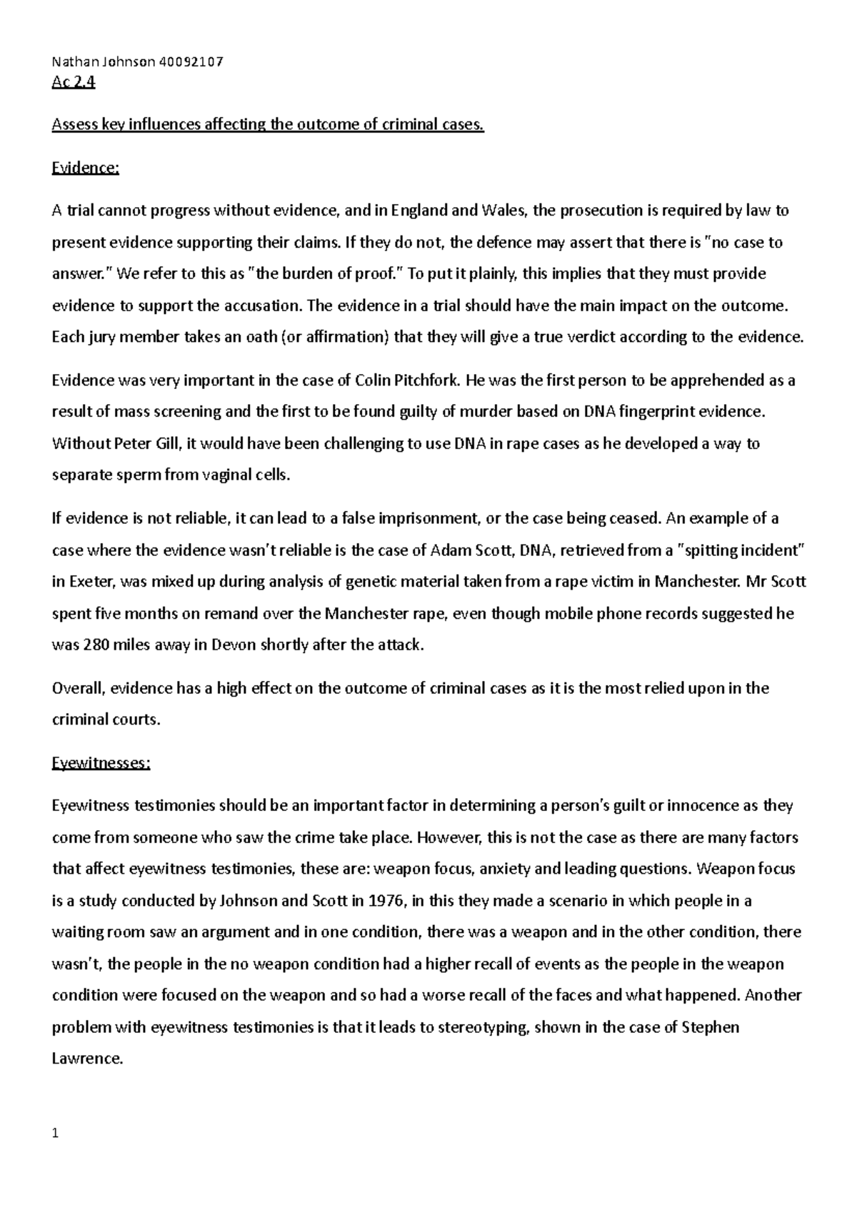 AC2 - Summary of Key Influences on Criminal Case Outcomes - Studocu