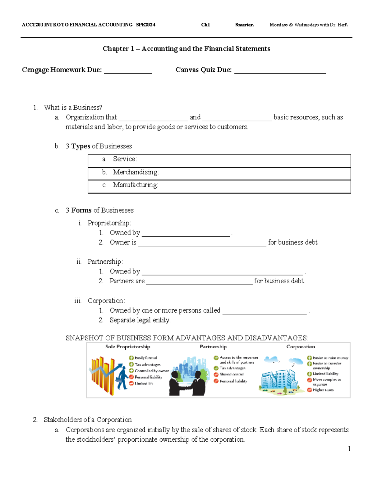 Chapter 1 - Class Notes AH Spr2024 - Chapter 1 – Accounting and the ...