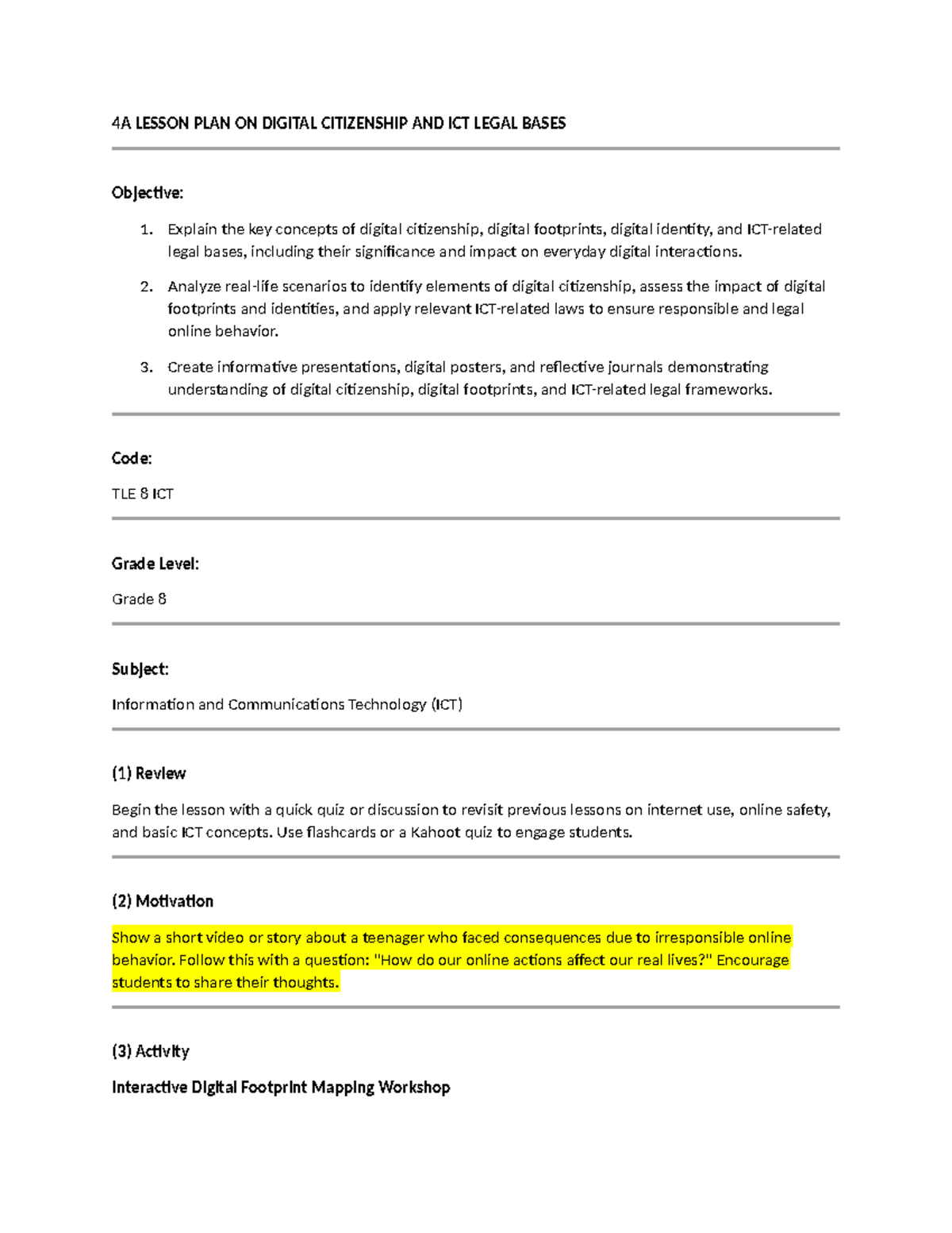 TLE 8 ICT Lesson Plan: Digital Citizenship & Legal Frameworks - Studocu