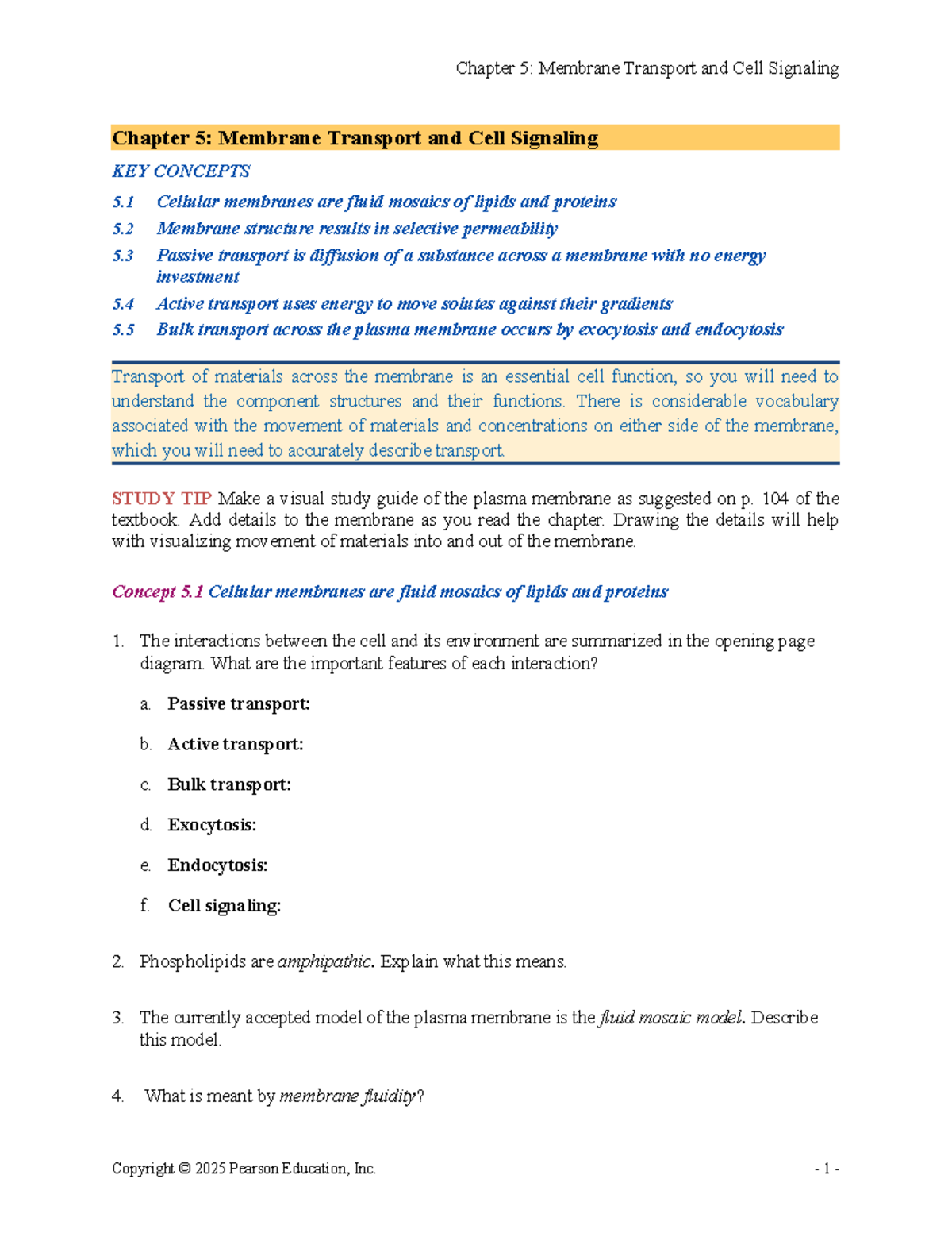 Chapter 5: Membrane Transport & Cell Signaling Concepts - Bio 101 Study ...