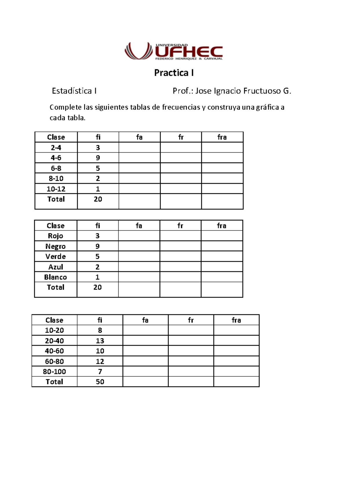 Practica I tabla de frecuencias - Estadística - Practica I Estadística ...