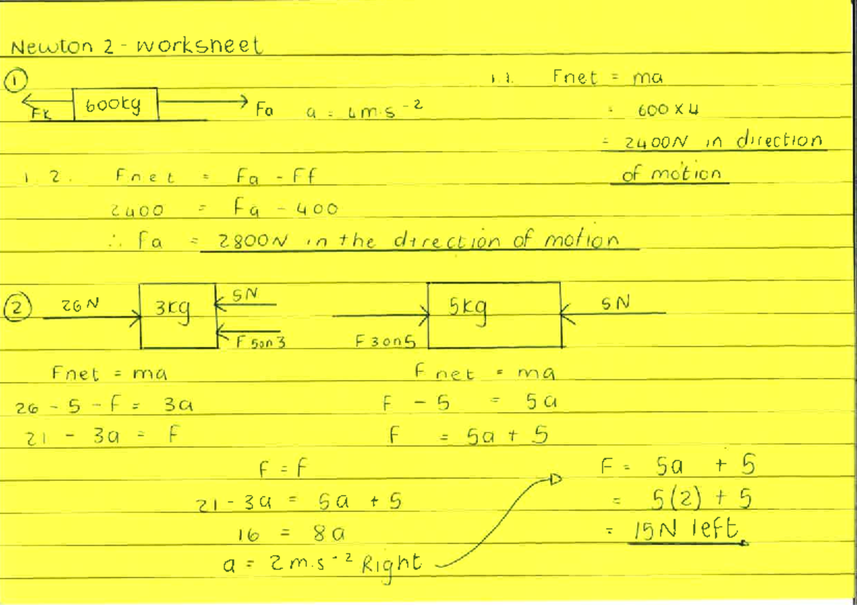 Newton 2 Practice Worksheet: Force and Motion Calculations - Studocu