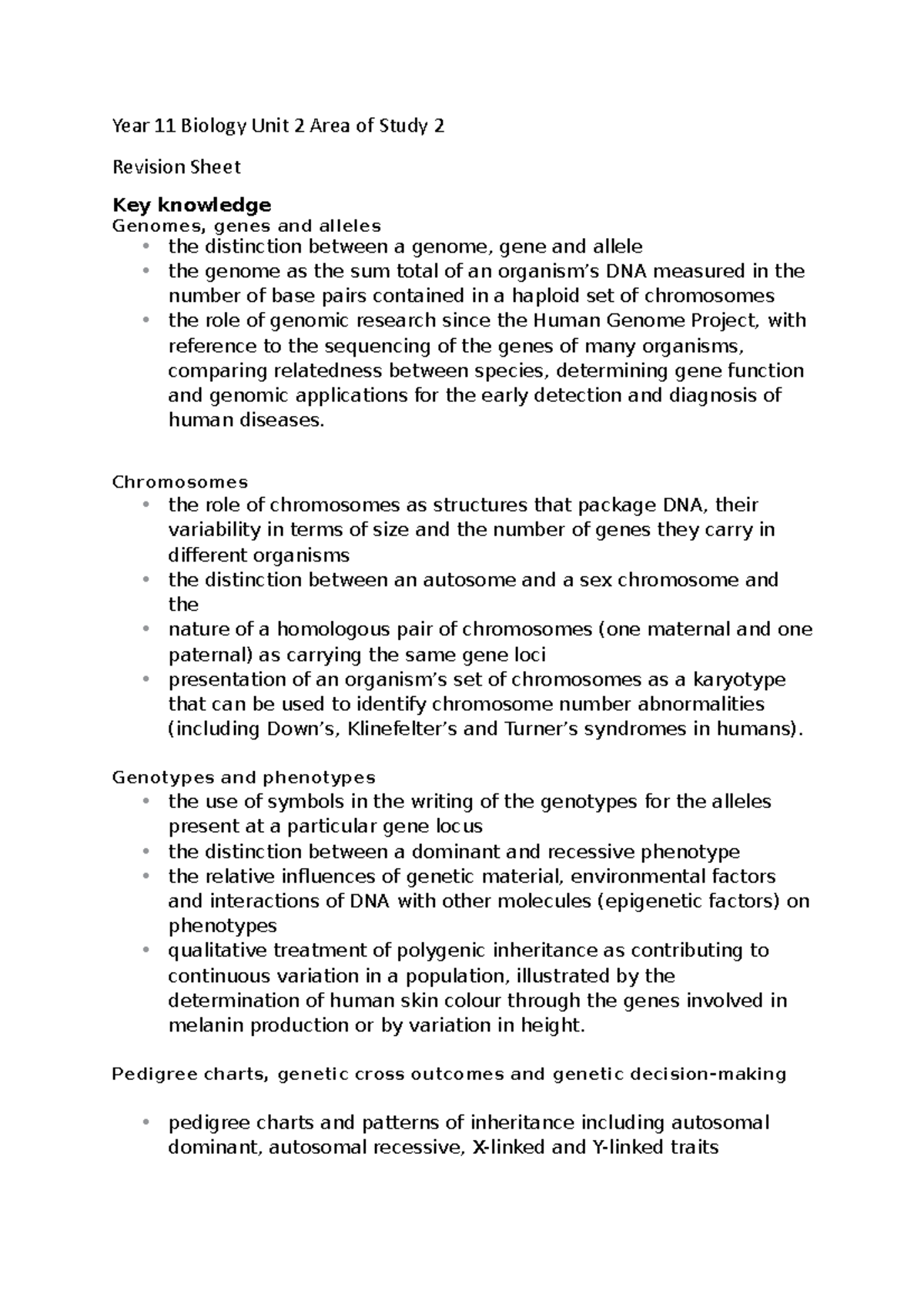 Year 11 Biology Unit 2 AOS 2 Revision Sheet - MEDS2131 - RMIT ...