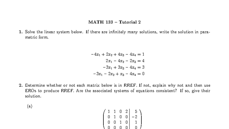 MATH 133 Tutorial 2: Solving Linear Systems & RREF Analysis - Studocu
