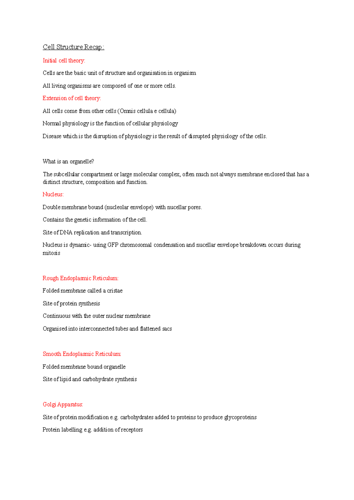Cell Structure - Lecture Notes: Overview of Cell Theory & Organelles ...