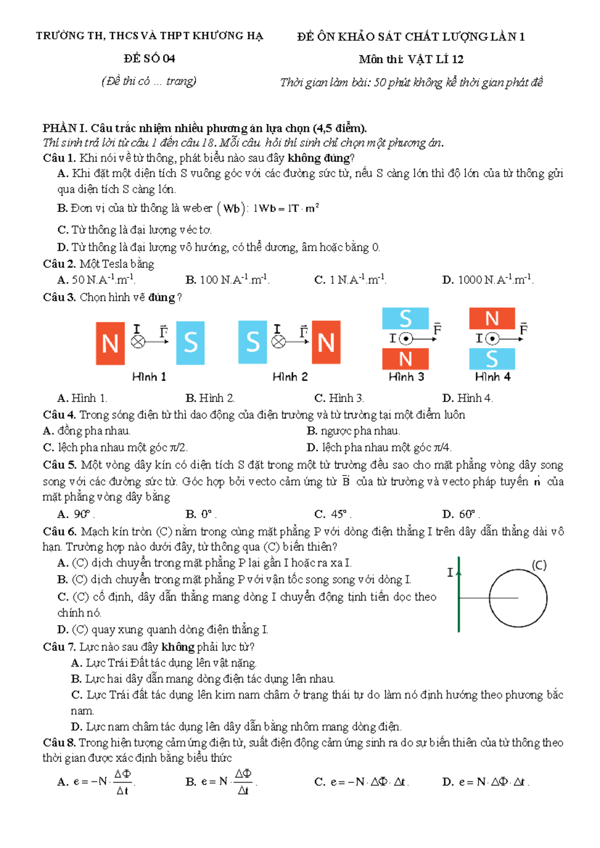 ĐÁP ÁN ĐỀ ÔN KHẢO SÁT CHẤT LƯỢNG LẦN 1 MÔN VẬT LÍ 12 - ĐỀ SỐ 04 - Studocu