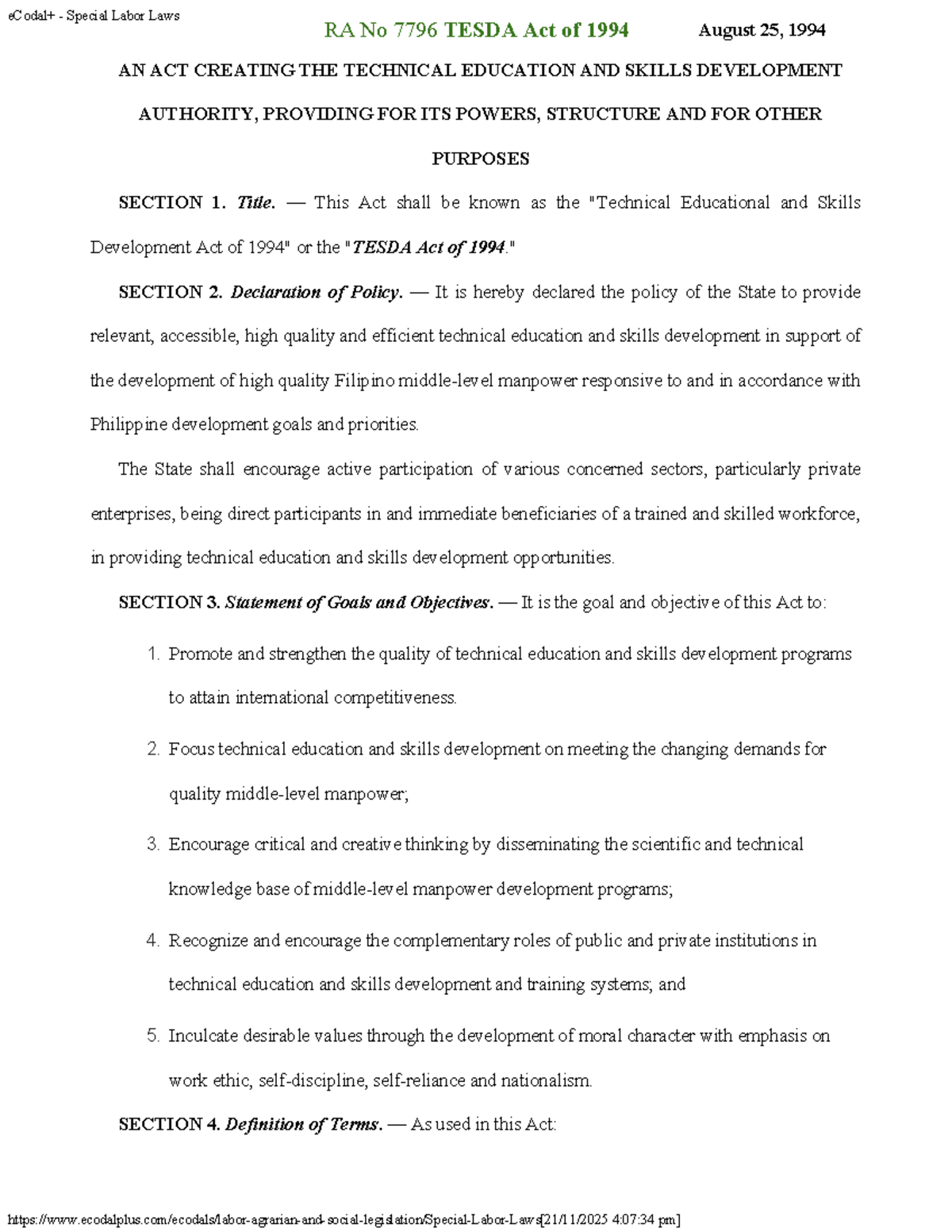 RA 7796 TESDA Act of 1994: Overview and Key Provisions - Studocu