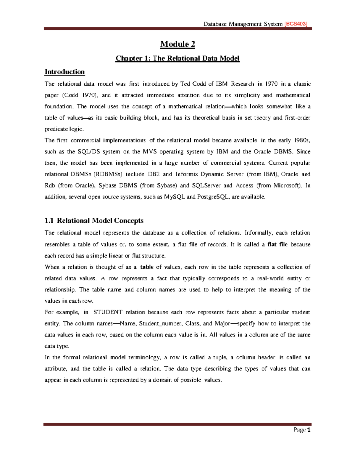 BCS403 Module 2: Introduction to the Relational Data Model - Studocu