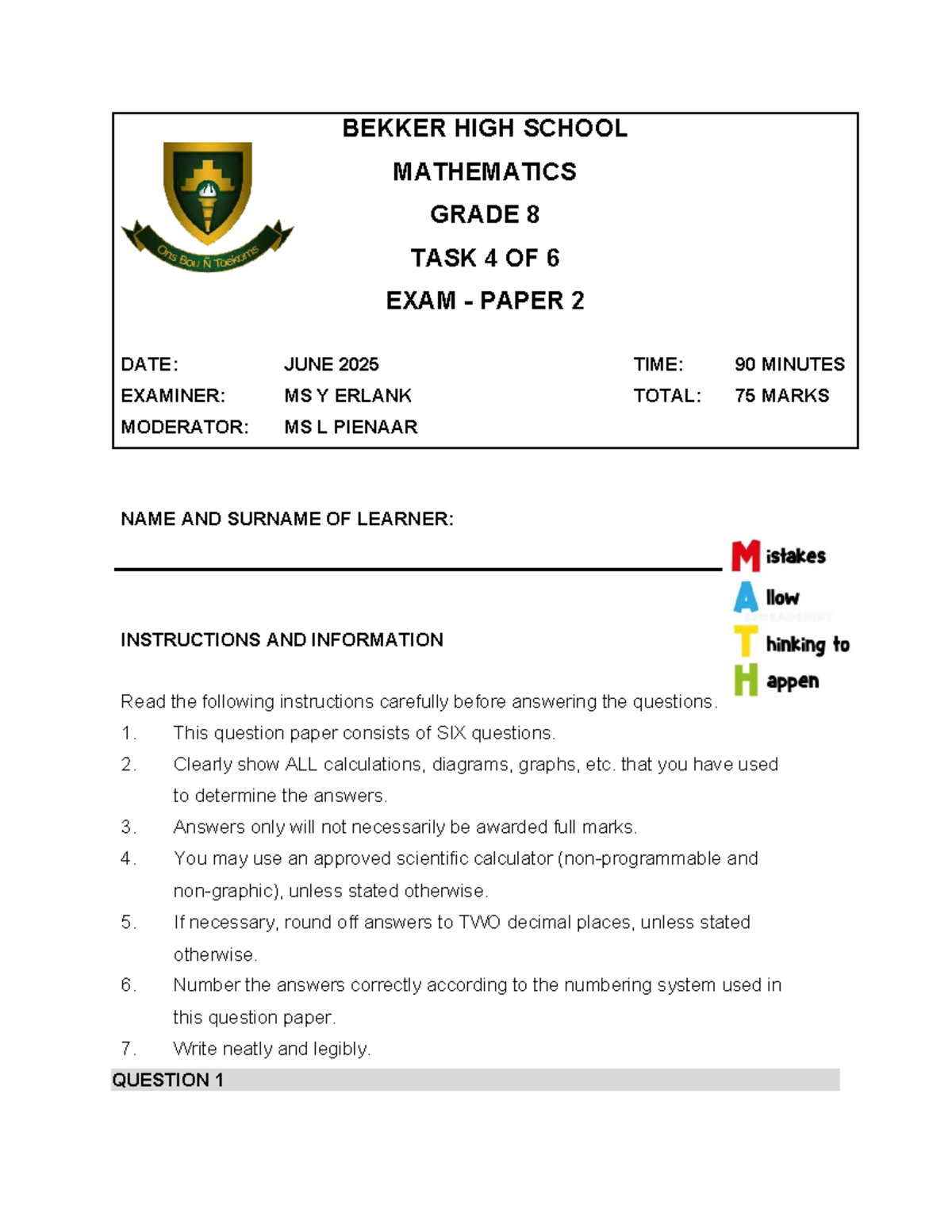 BEKKER HIGH SCHOOL MATH GRADE 8 JUNE EXAM PAPER 2 (75 MARKS) - Studocu