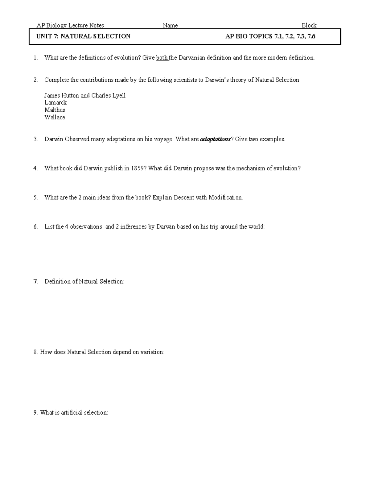 AP Biology Lecture Notes: Unit 7 - Natural Selection (Topics 7.1-7.6 ...