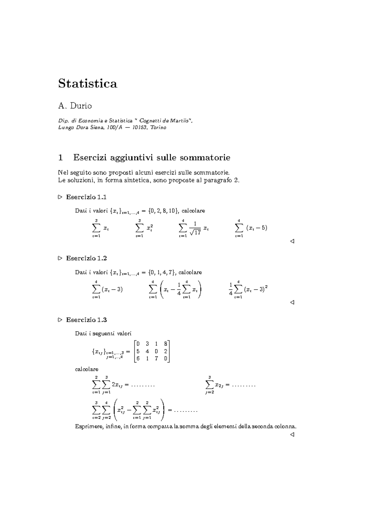 Esercizi e Soluzioni sulle Sommatorie - Statistica A. Durio - Studocu