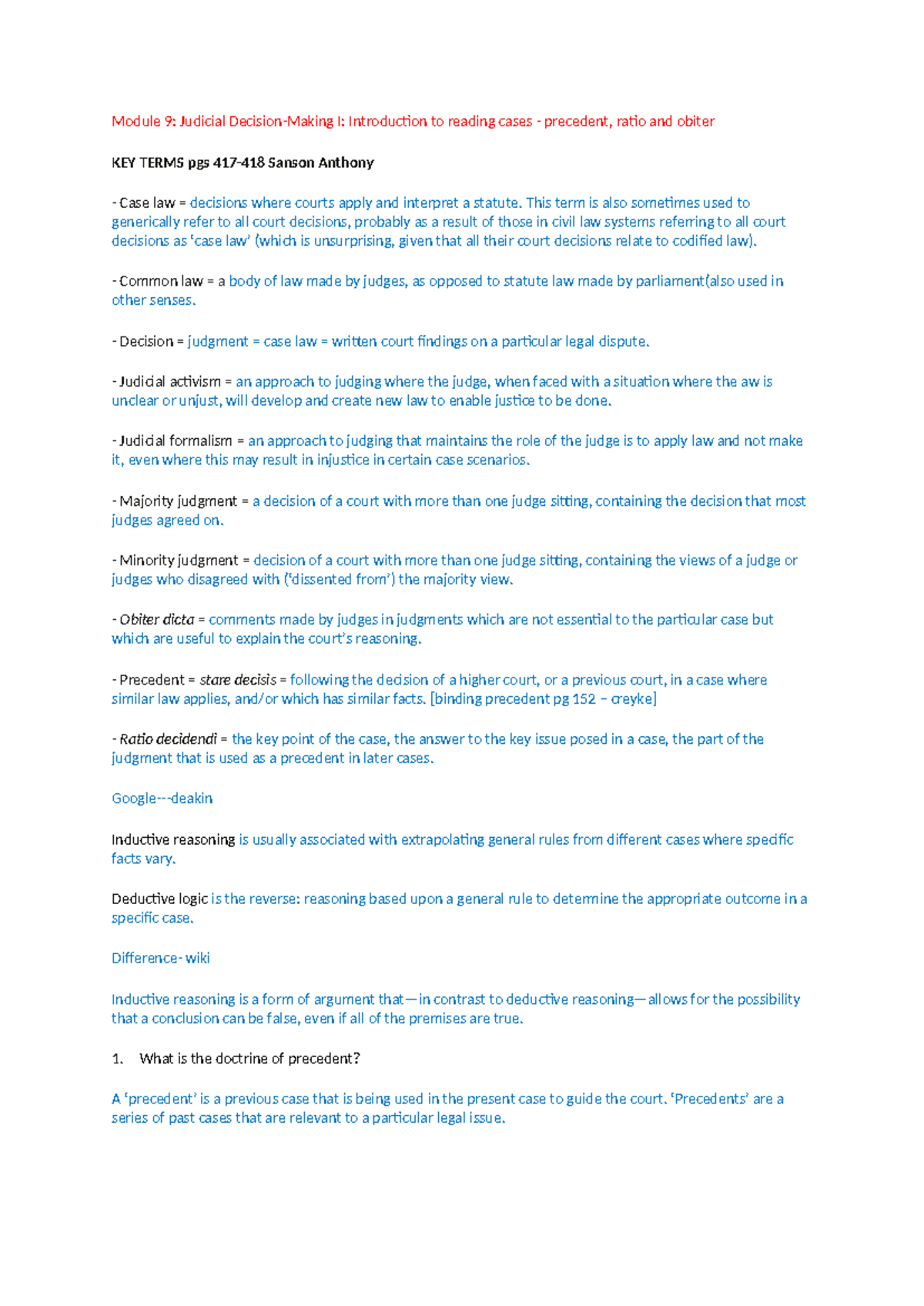Mods 9 10 - Judicial Decision-Making and Doctrine of Precedent Notes ...