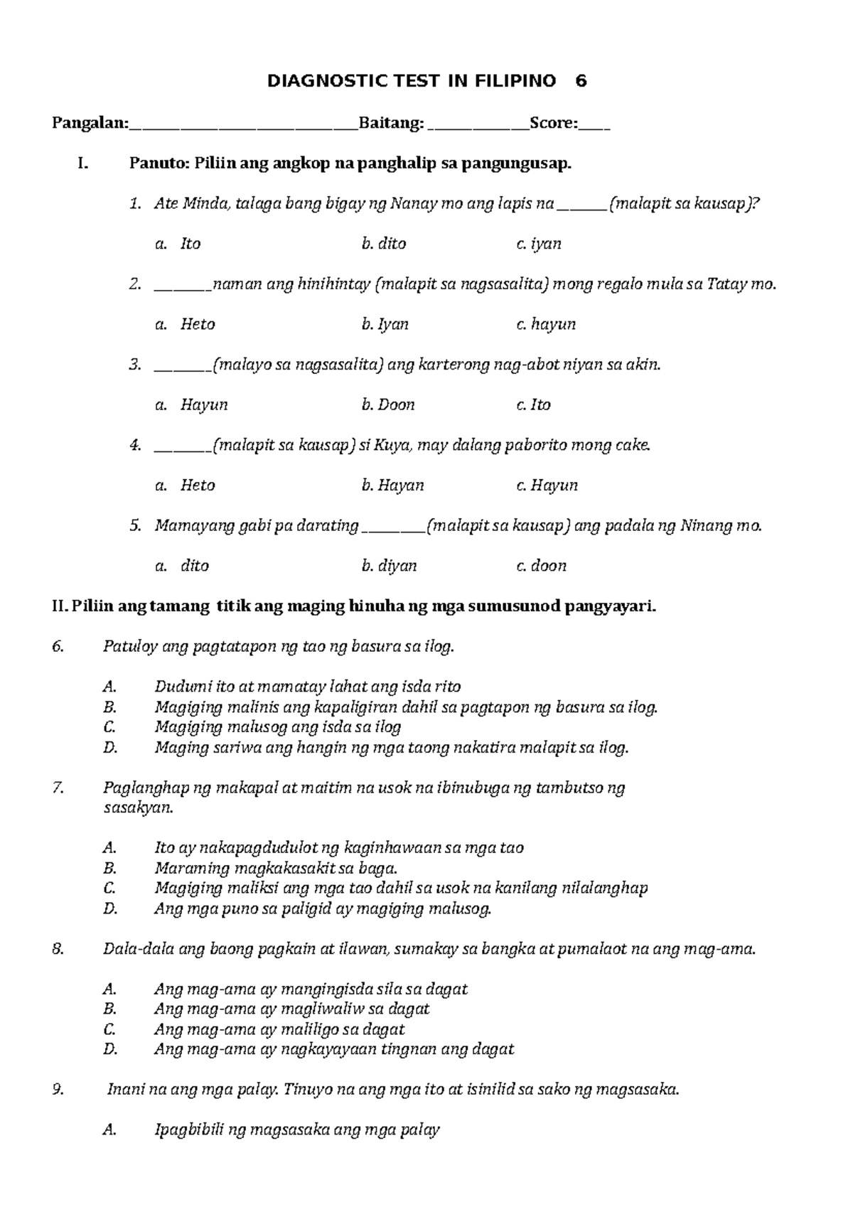 Diagnostic Test in Filipino 6: Items and Specifications - Studocu