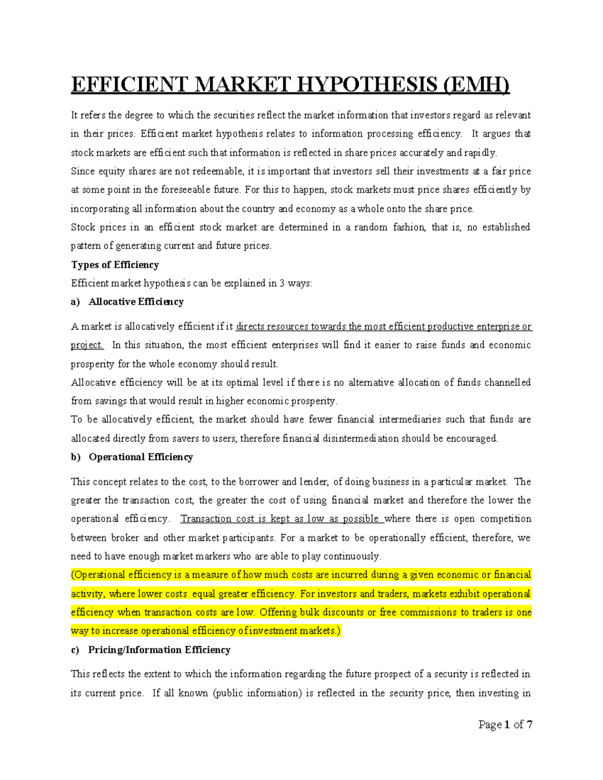 Topic 5: Efficient Market Hypothesis (EMH) Overview and Analysis - Studocu