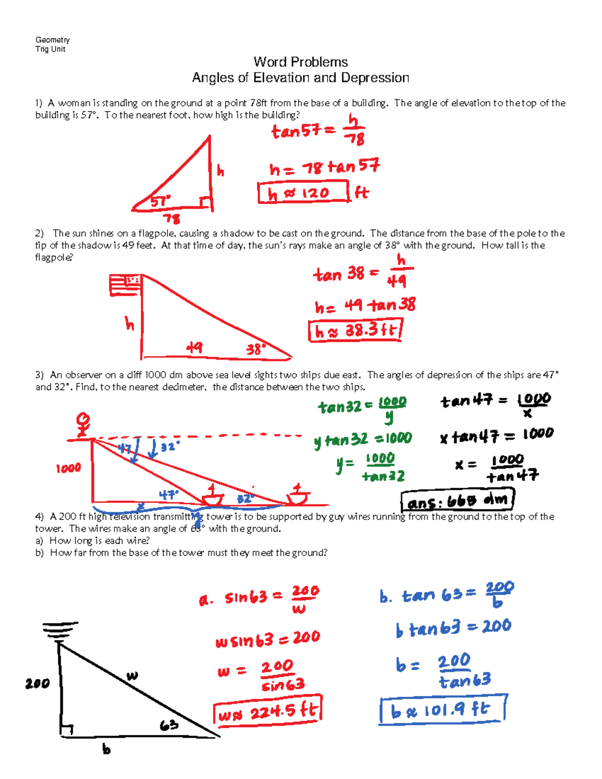 Geometry Trig Unit: Word Problems on Angles of Elevation & Depression ...