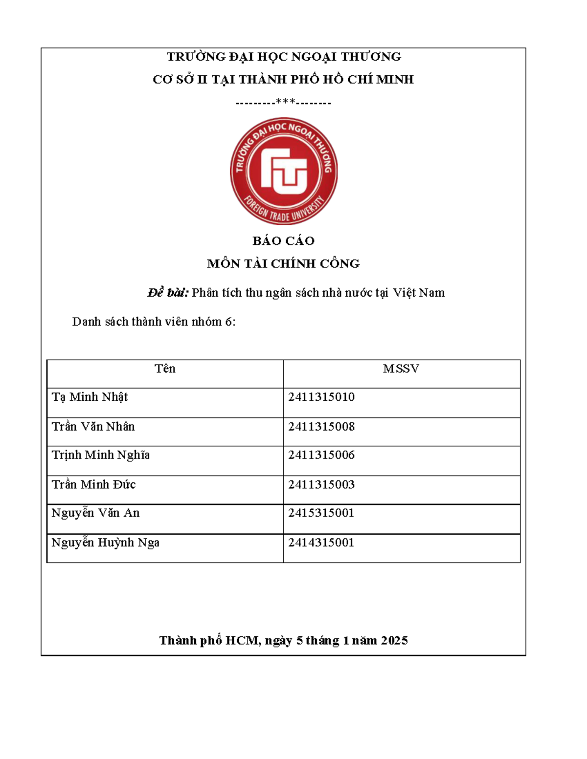 BÁO CÁO MÔN TÀI CHÍNH CÔNG: PHÂN TÍCH THU NGÂN SÁCH NHÀ NƯỚC TẠI VIỆT ...