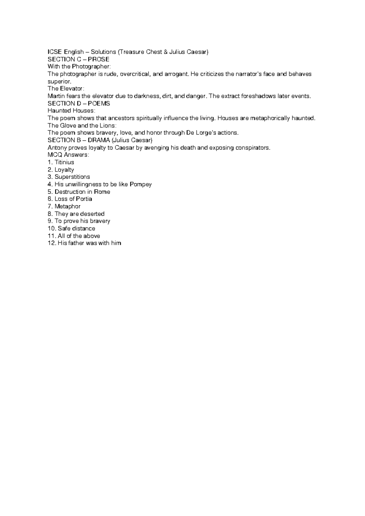 ICSE English Solutions: Treasure Chest Julius Caesar Analysis - Studocu